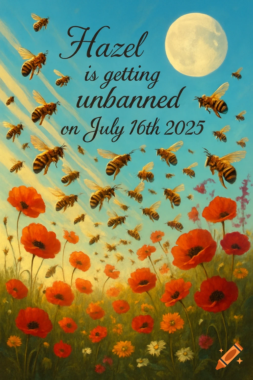 An illustrative image of bees flying over a field of red poppies under ...