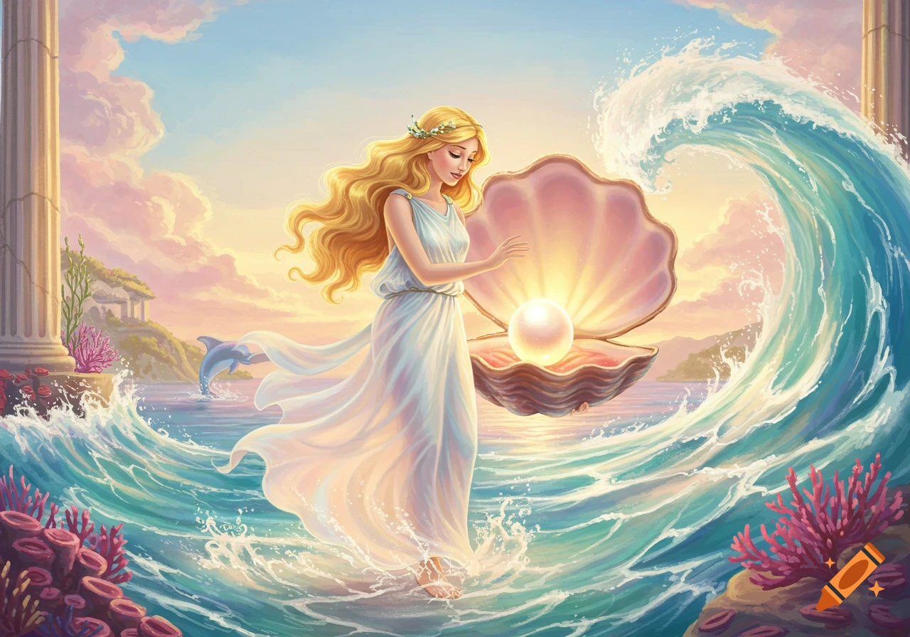 A goddess-like figure in ocean waves holds a giant glowing pearl in a ...