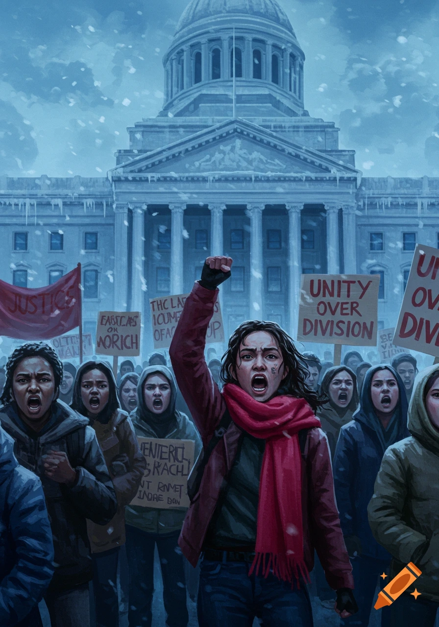 An angry crowd protests in front of a snow-covered capitol building ...