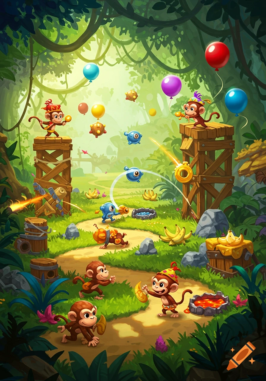 Cartoon monkeys battle in a lush jungle setting with balloons and bananas, in a vibrant game art ...