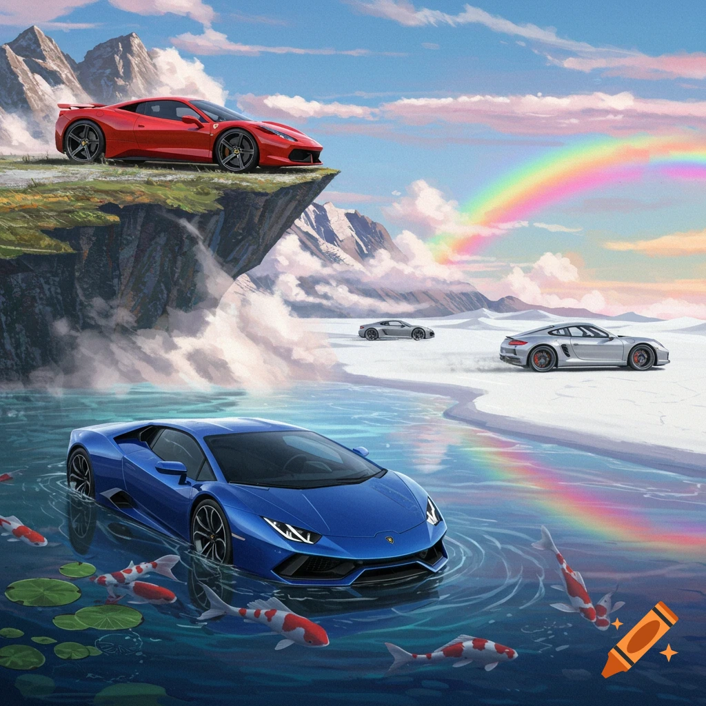 A vibrant fantasy landscape featuring a red sports car on a cliff, a ...