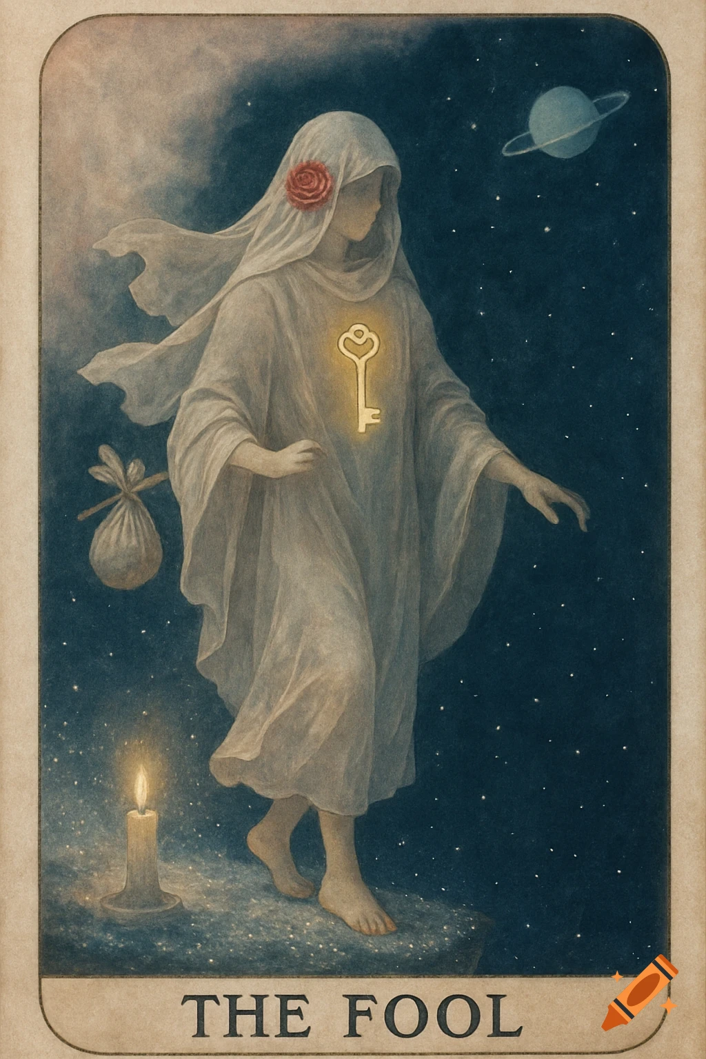 A veiled, barefoot figure in white robes stands on a starry cliff, a ...