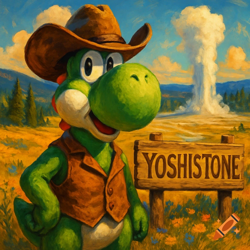 Painterly image of Yoshi dressed as a cowboy, standing next to a ...