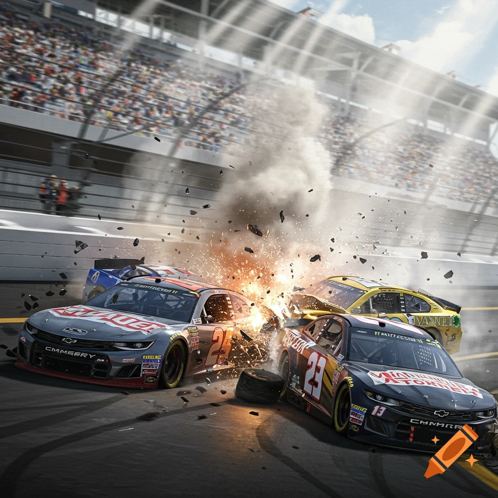 Photorealistic image of multiple NASCAR cars in a dramatic crash on a ...