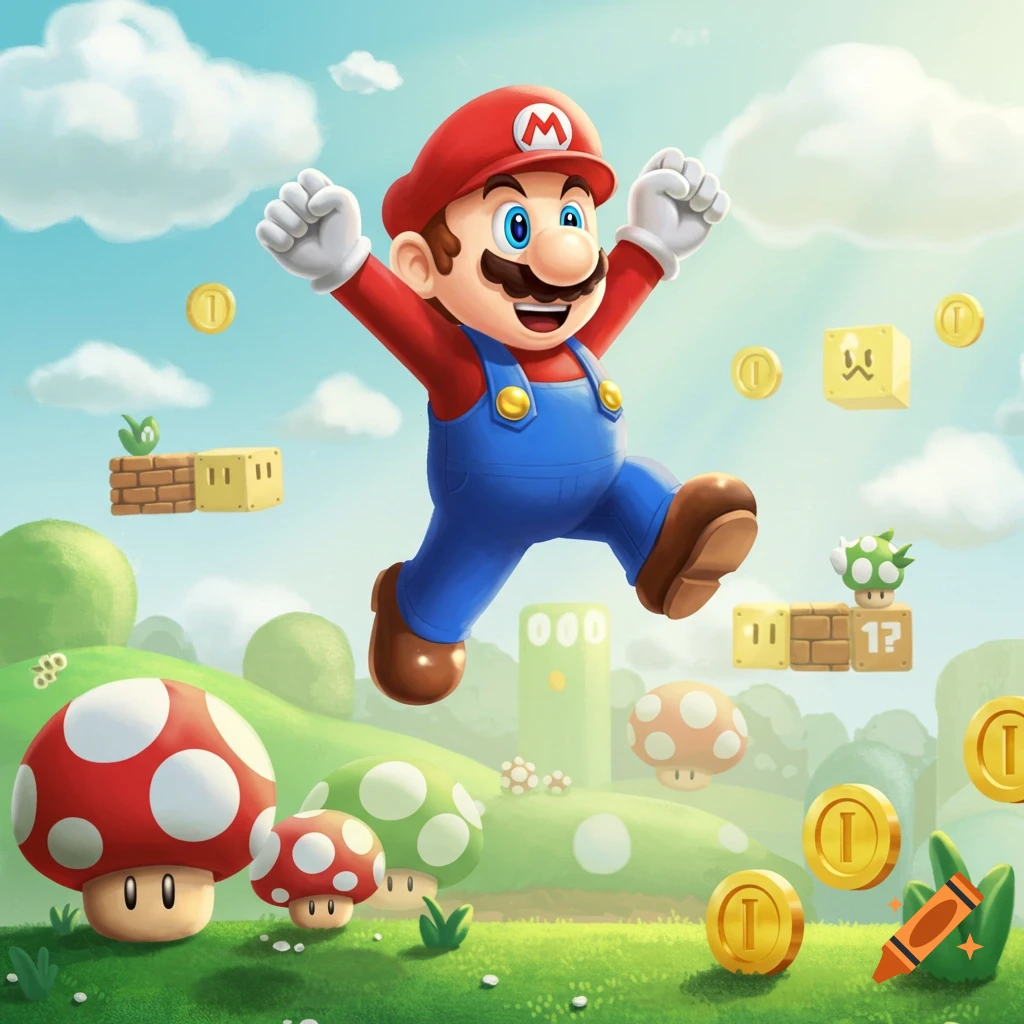 Cartoon illustration of Mario jumping with arms up in a bright ...