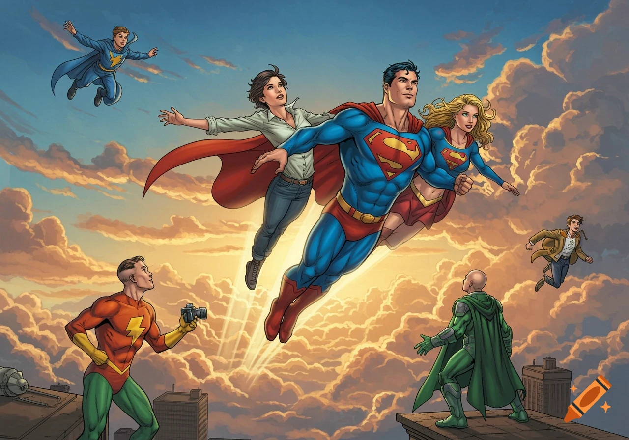 Superman, Supergirl, and Lois Lane fly through a cloudy sky above city ...