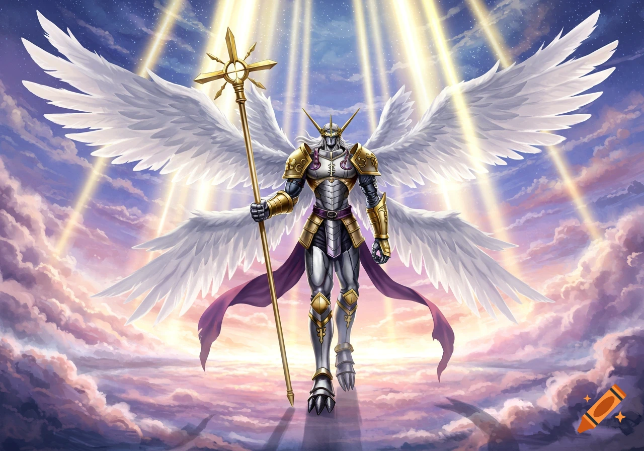 An angelic, armored character with large white wings and a staff stands ...