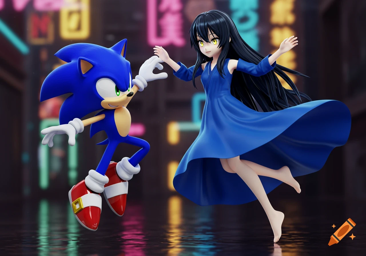 A 3D render of Sonic the Hedgehog and an anime girl with black hair and ...