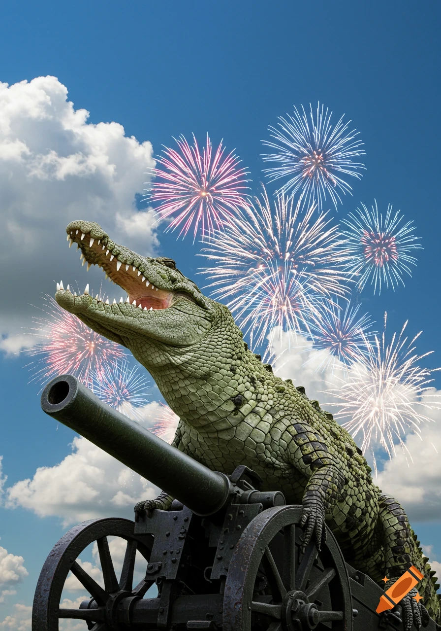 A large crocodile with its mouth open sits atop an old military cannon ...