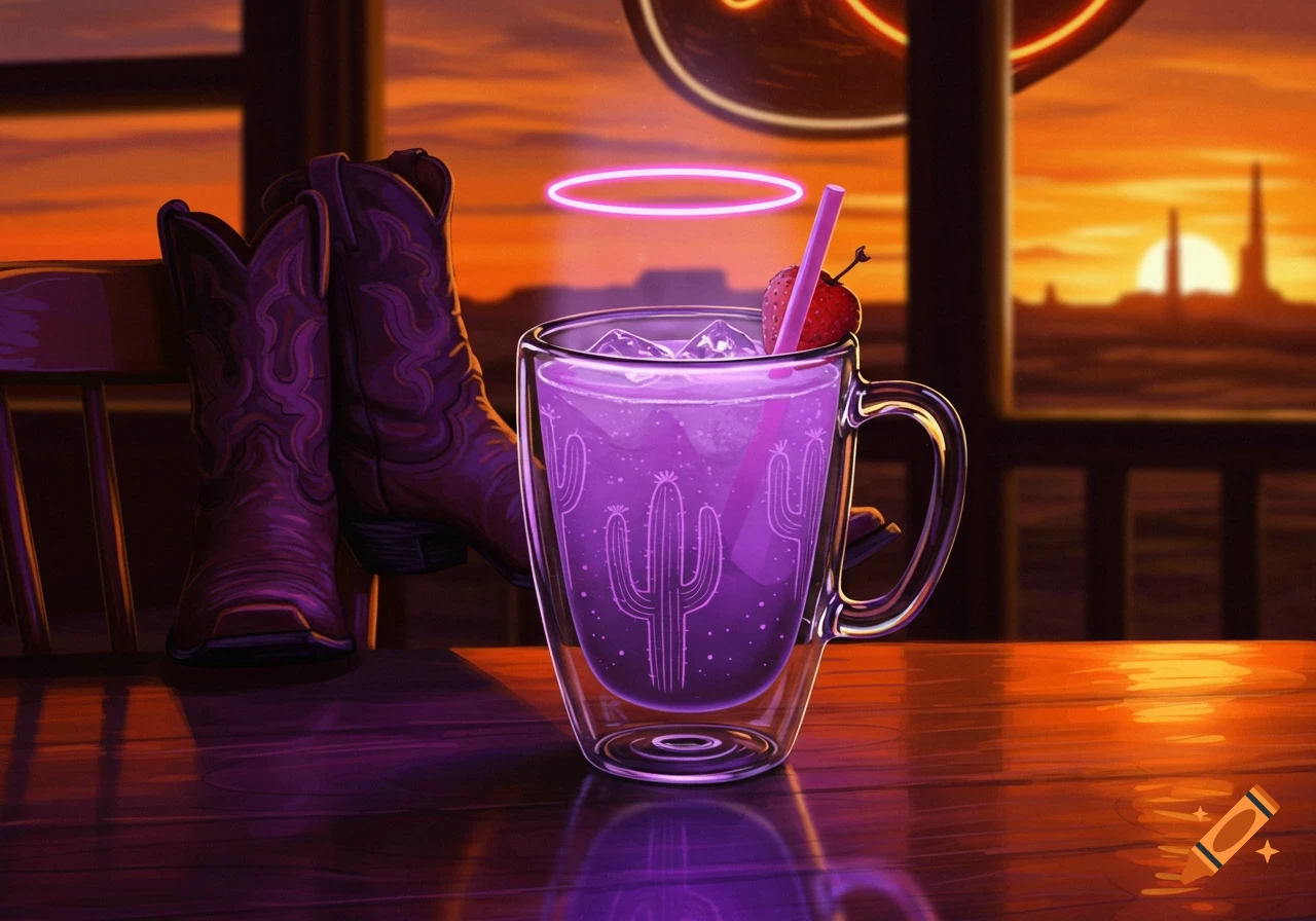 A vibrant purple drink in a clear cactus-patterned mug with a ...