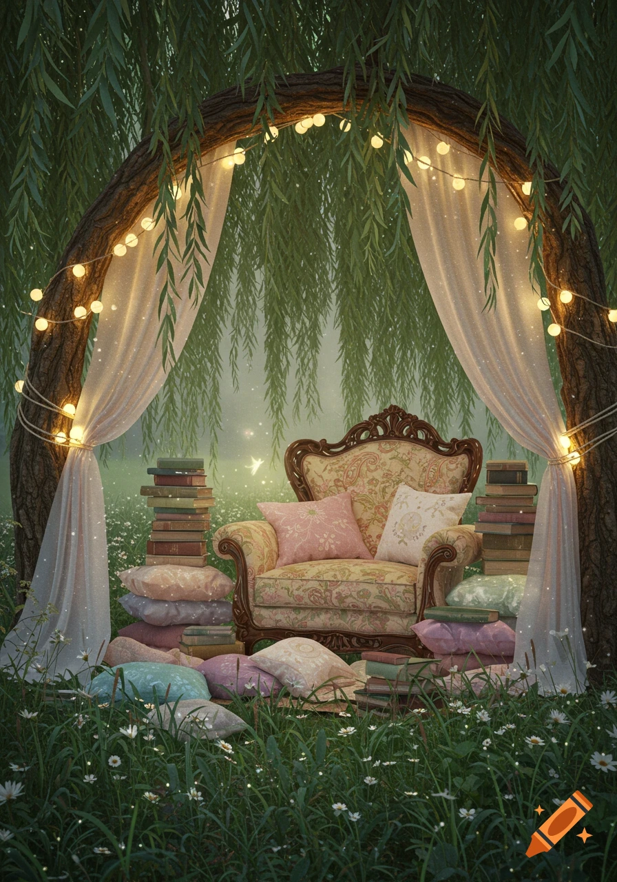 A whimsical reading nook under a willow tree arch adorned with string ...
