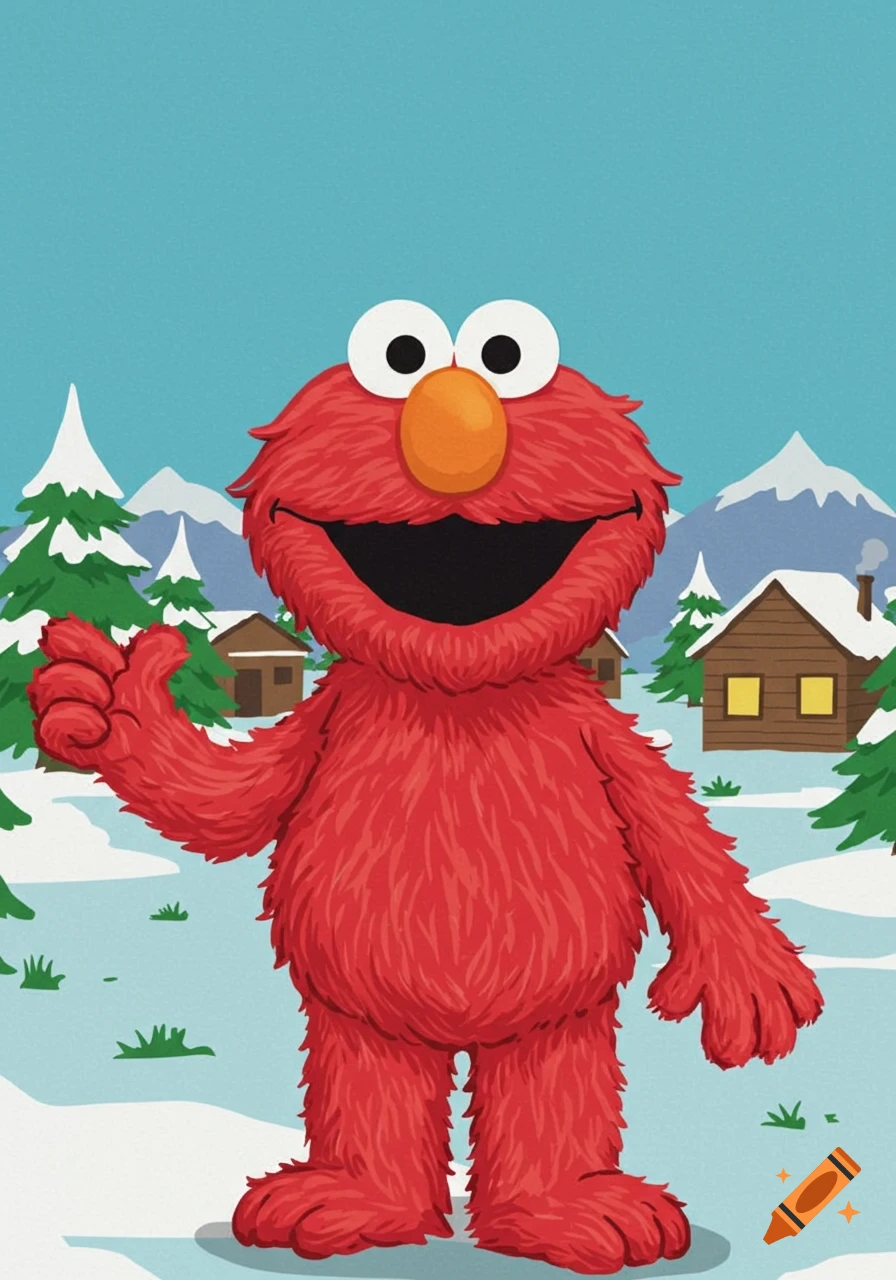 Elmo stands in a snowy mountain landscape with cabins and pine trees ...