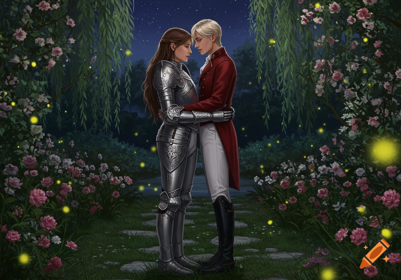A woman in knight armor embraces her partner, a person in a red ...