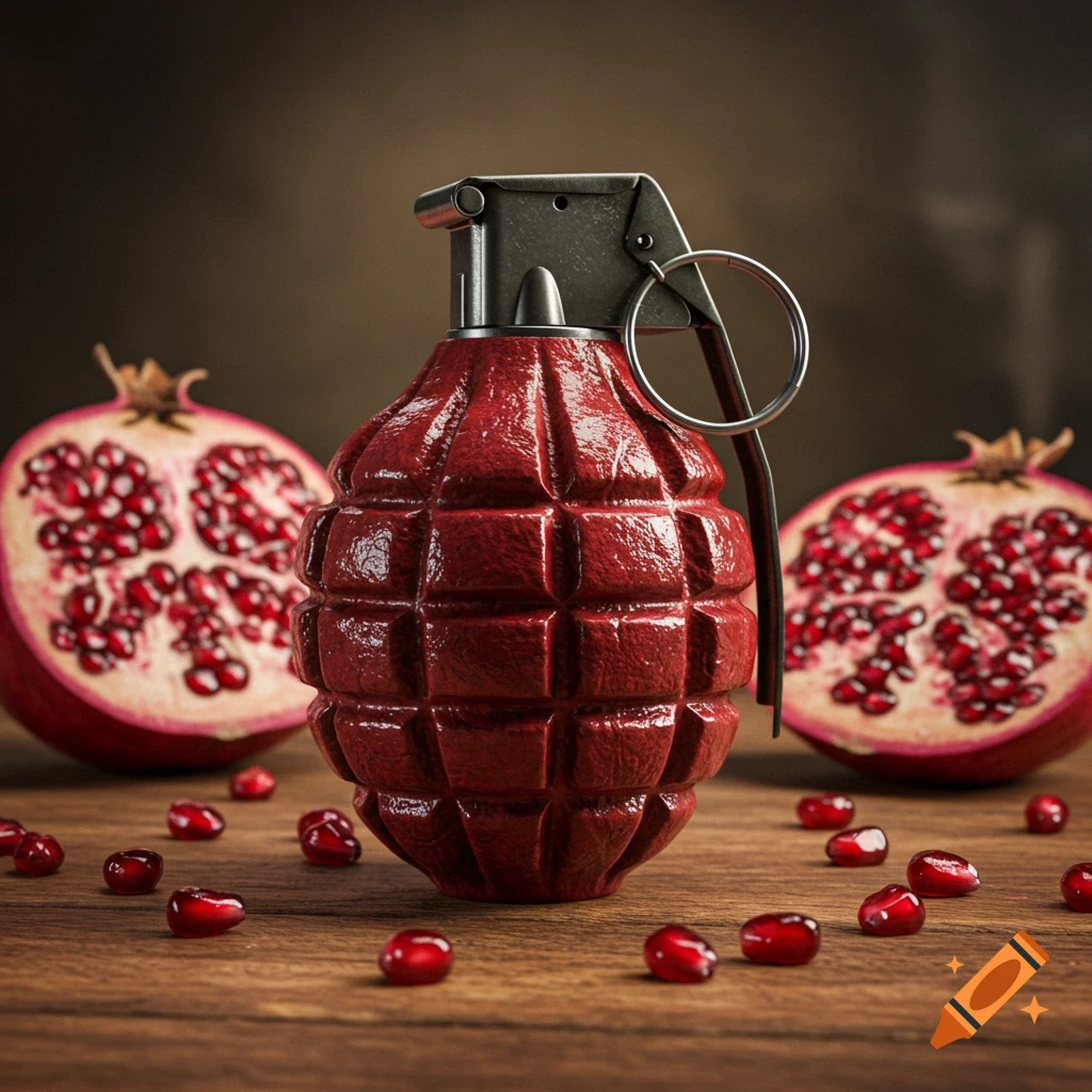 Photorealistic close-up of a red grenade shaped like a pomegranate ...