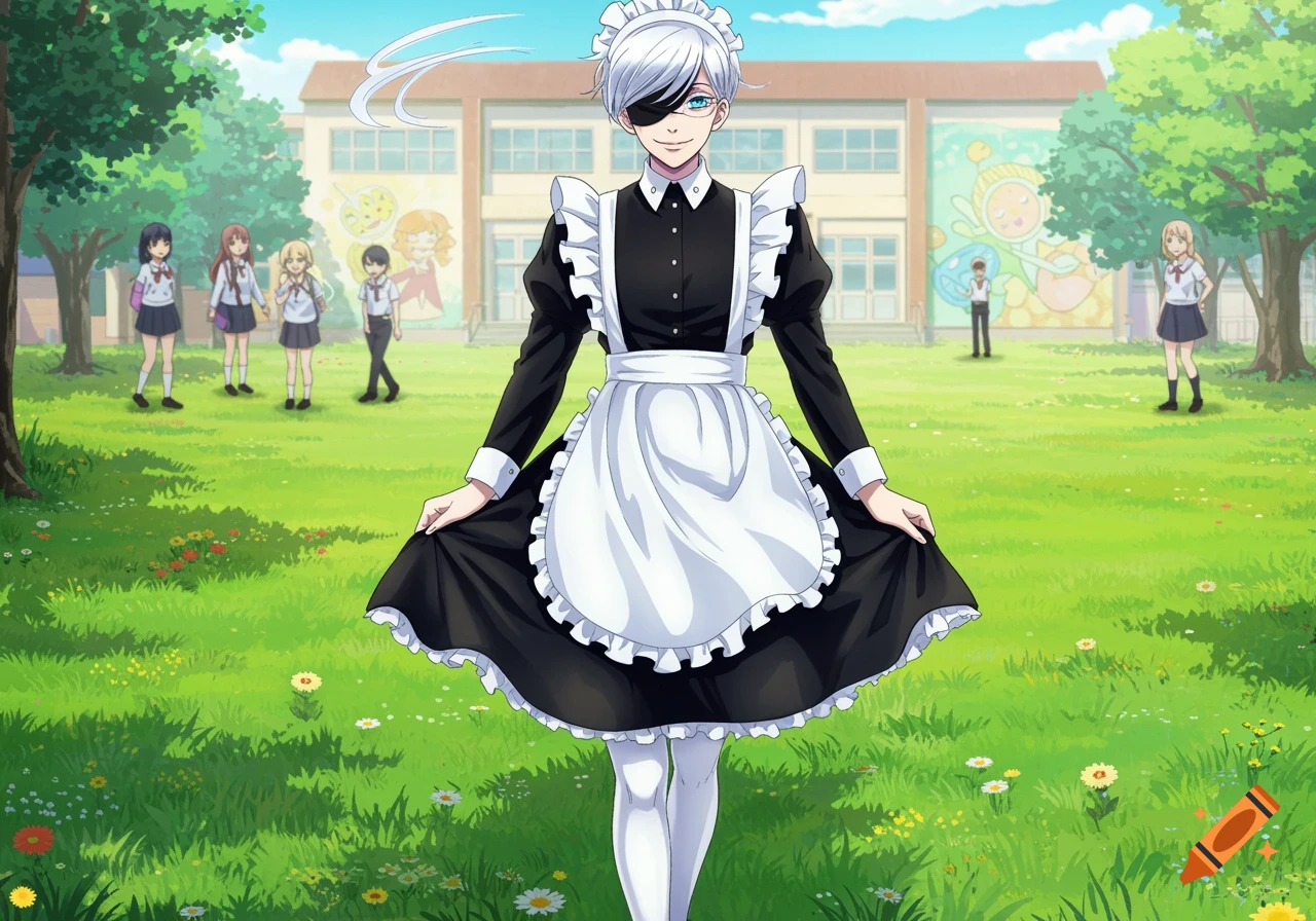 Anime style image of a white-haired male character wearing a black and ...