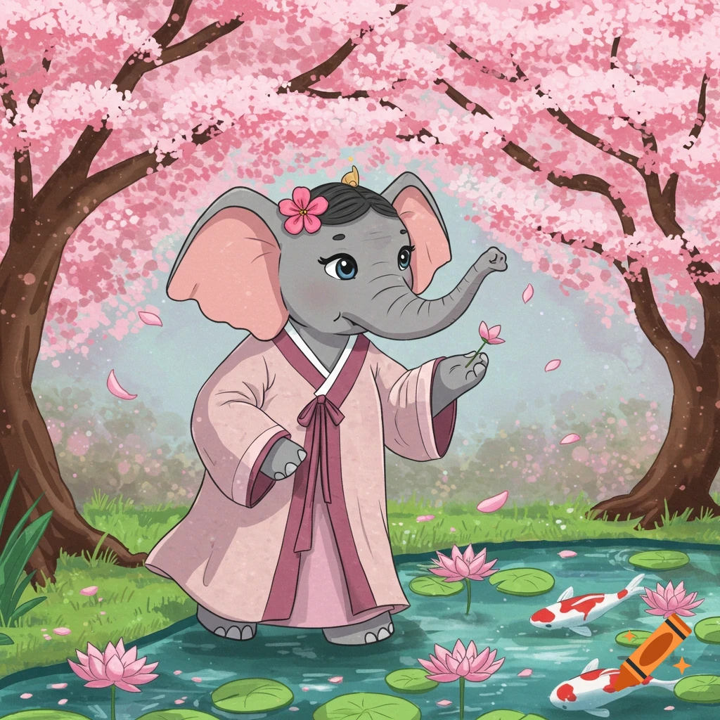 A graceful cartoon elephant in a pink hanbok stands by a koi pond under ...