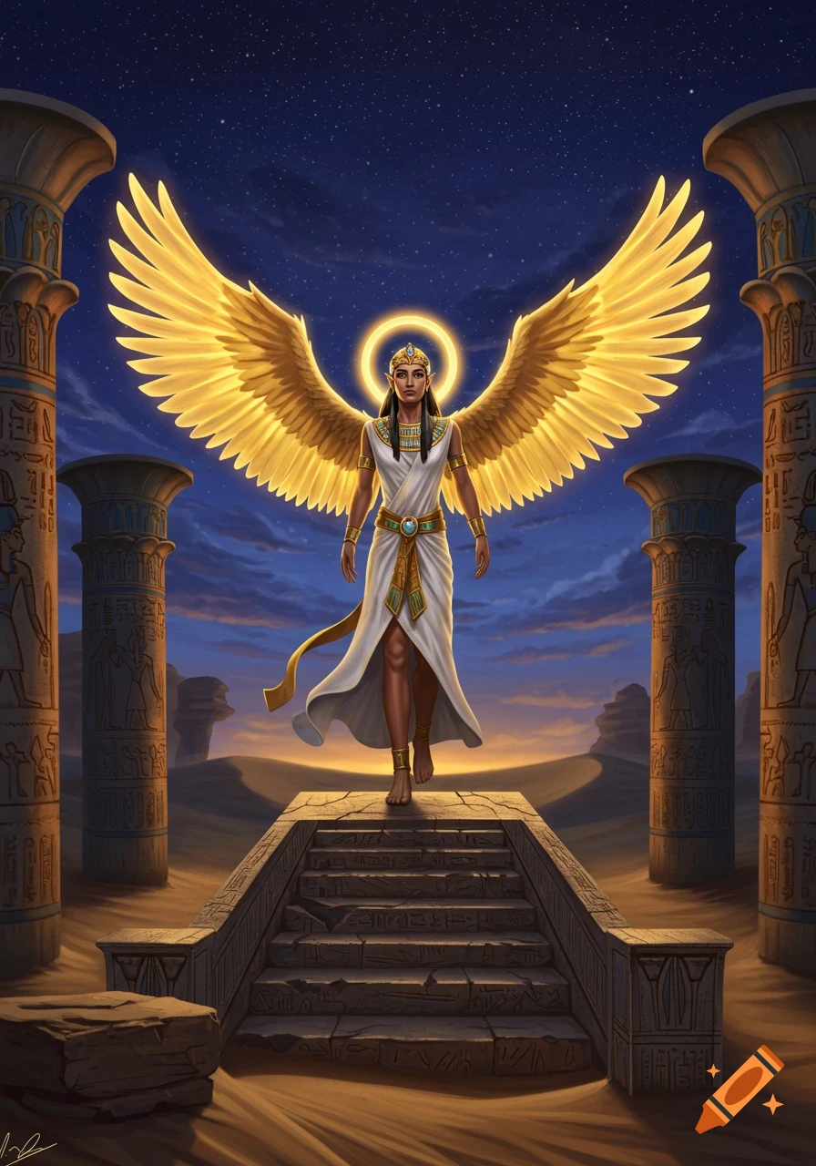 A mystical figure resembling an Egyptian angel with golden wings and a ...