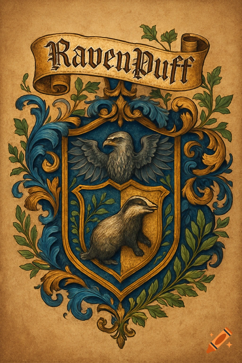 A detailed, old-style crest with an eagle and badger on a shield ...