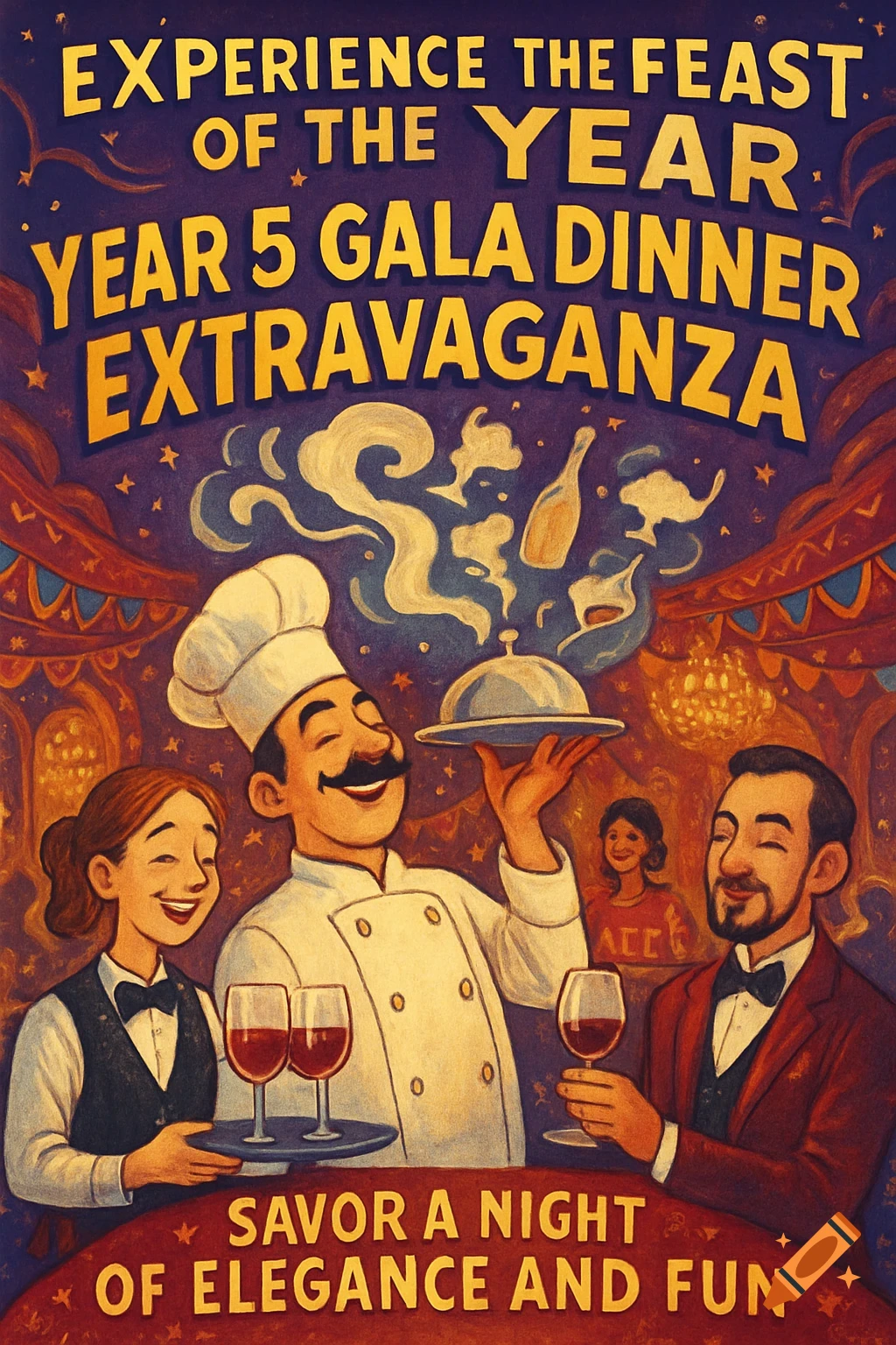 A colorful vintage-style poster advertising a "Year 5 Gala Dinner ...