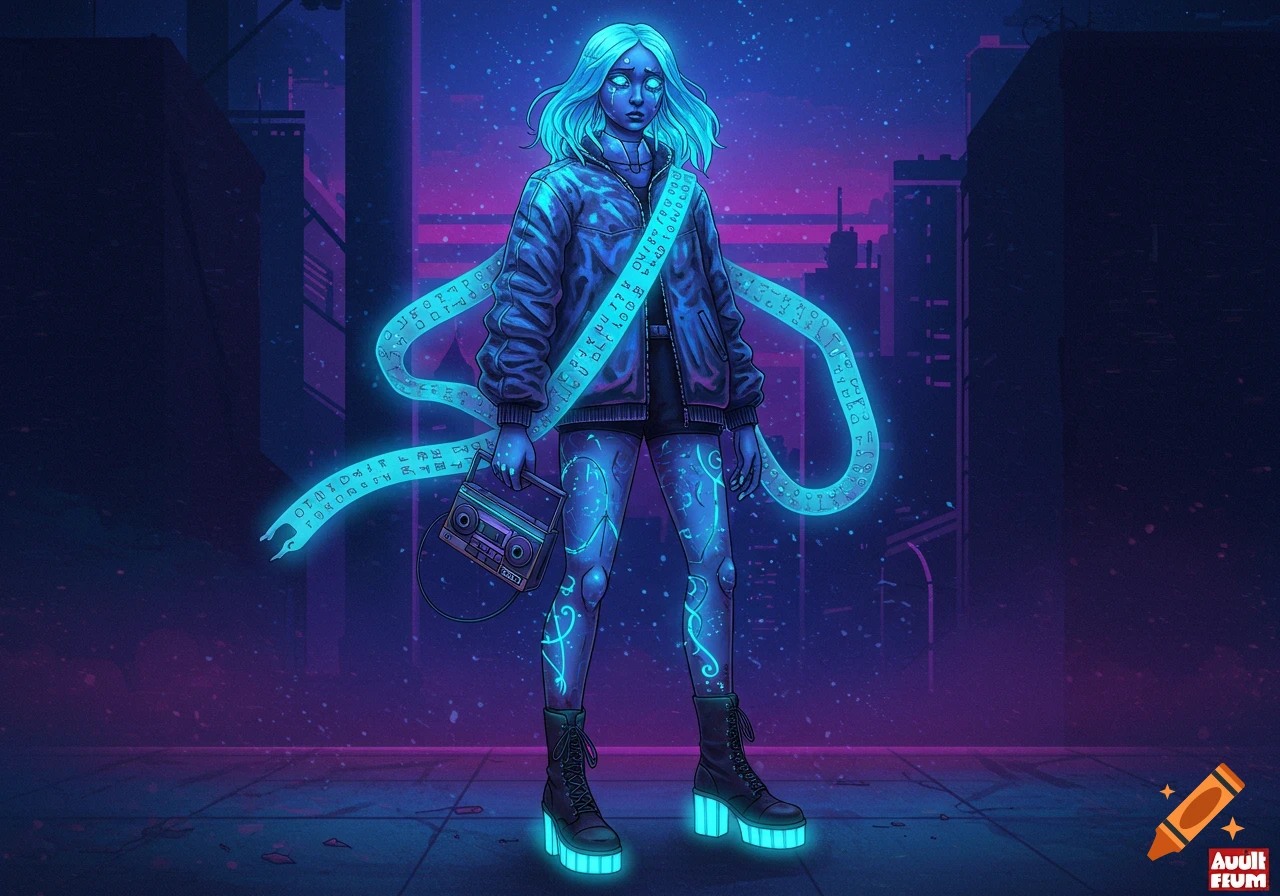 Digital art of an ethereal woman in a cyberpunk city with glowing eyes ...