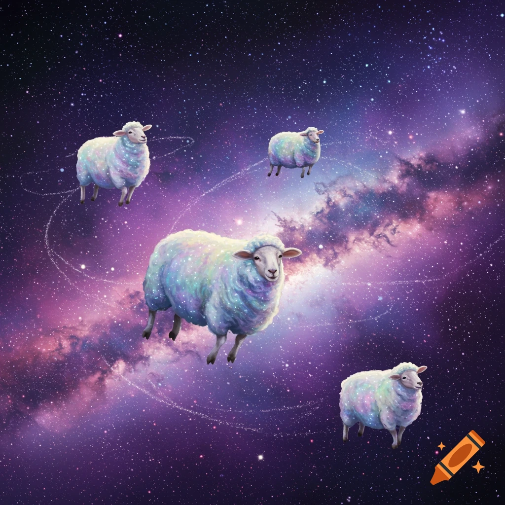 Four fluffy, colorful sheep float through a vibrant purple and blue ...
