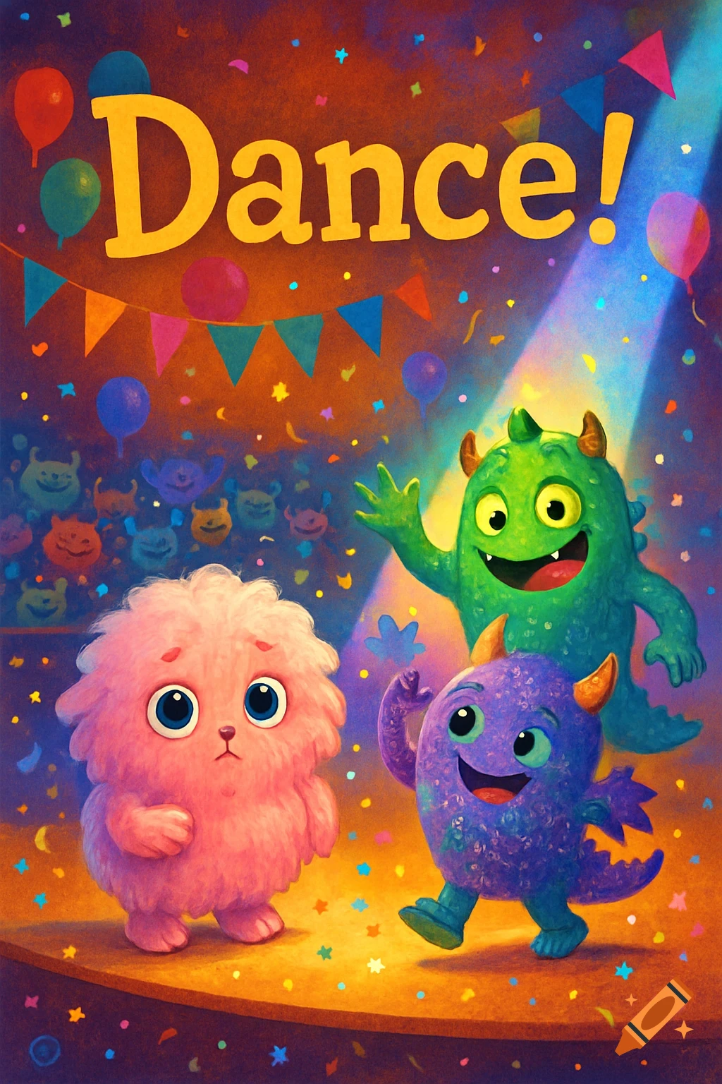 Three colorful, cute monsters on a stage, with one looking shy and two ...