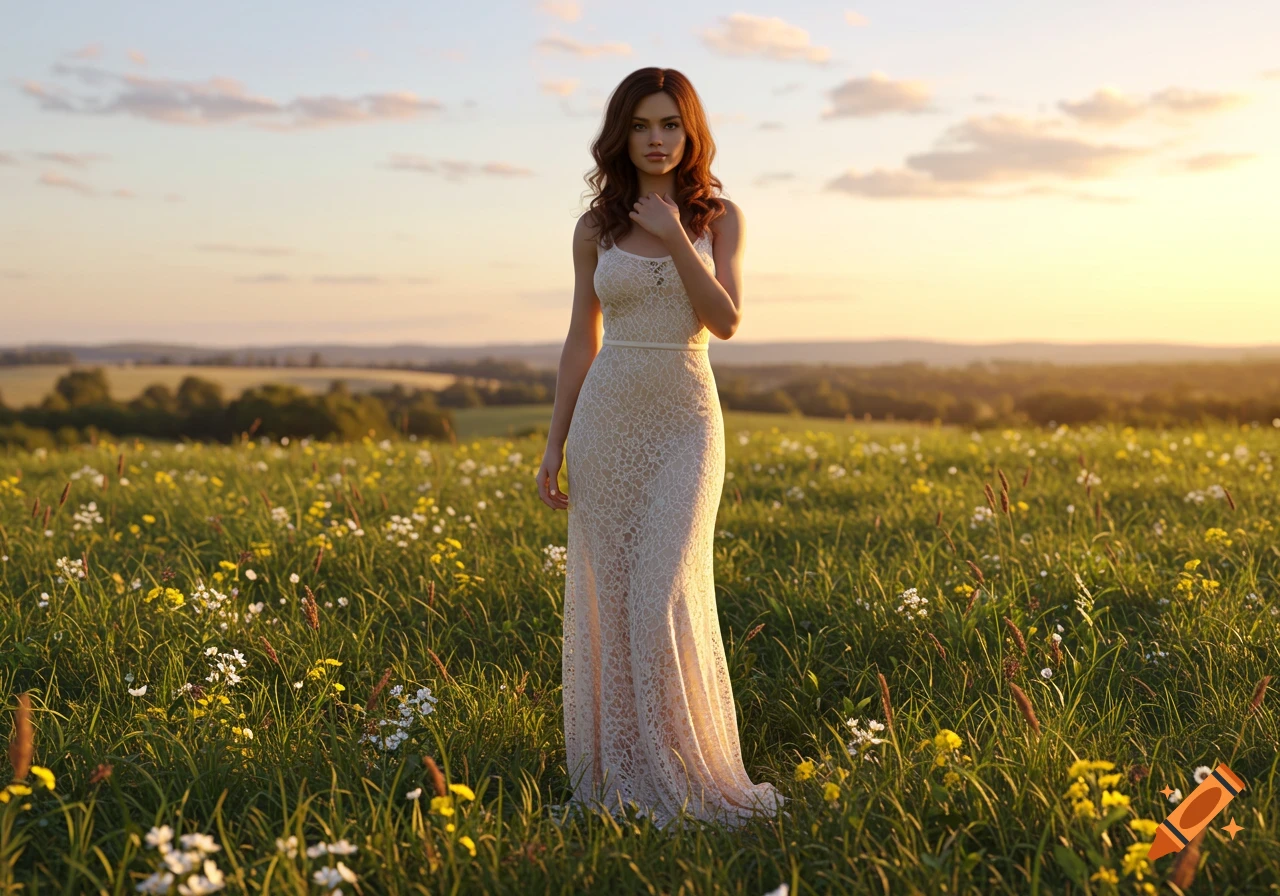 A photorealistic woman in a white lace dress standing in a sunlit ...
