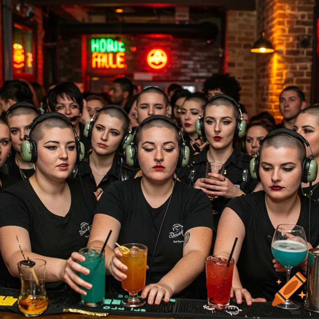 A large group of female bartenders with shaved heads, headphones, and ...