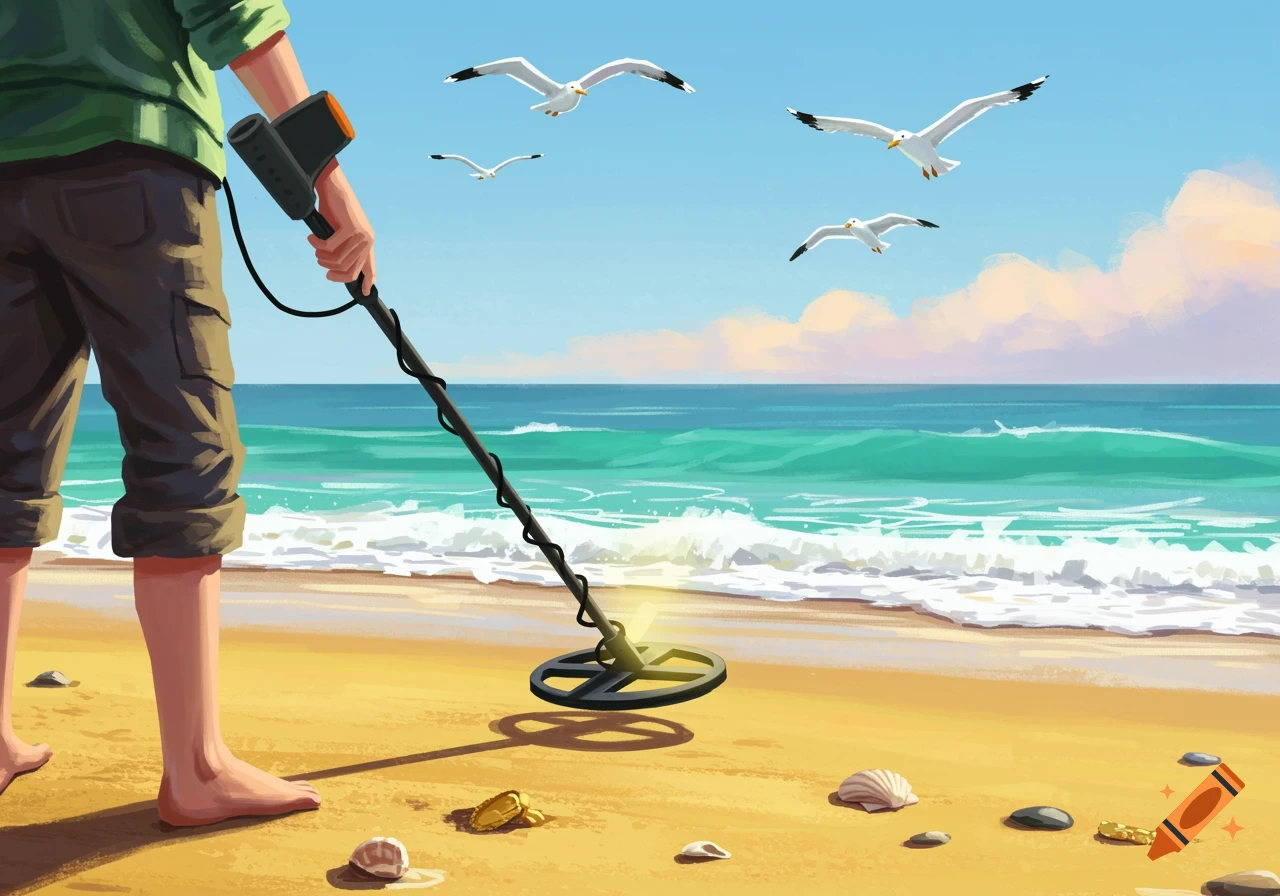 A person metal detecting on a sunny beach with seagulls flying overhead ...