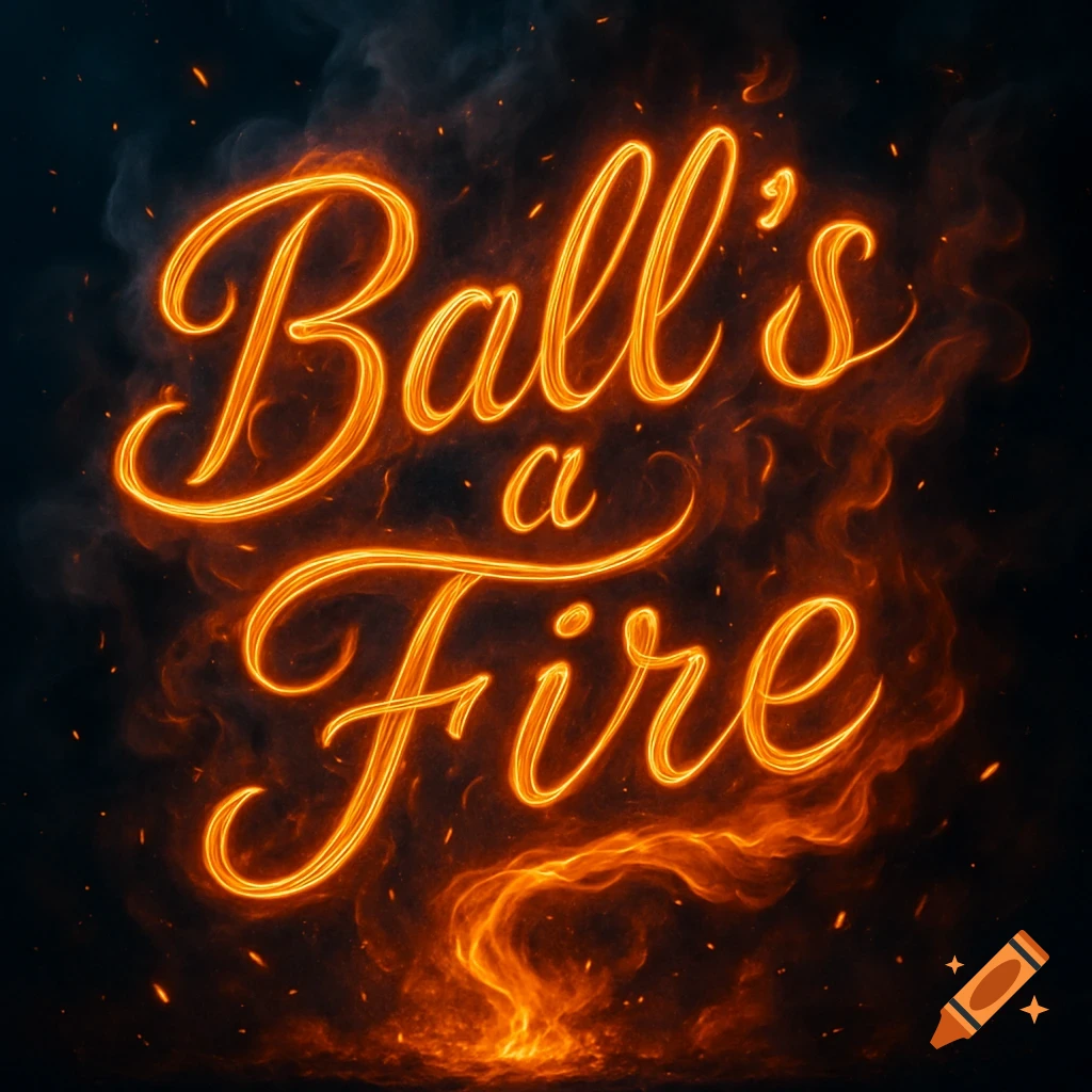 The text 'Ball's a Fire' rendered in glowing orange cursive script ...
