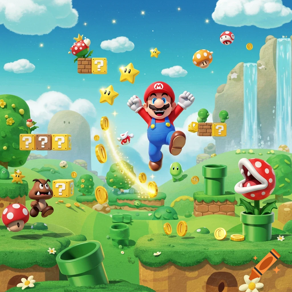 Mario jumps in a vibrant Super Mario Bros. landscape with coins ...