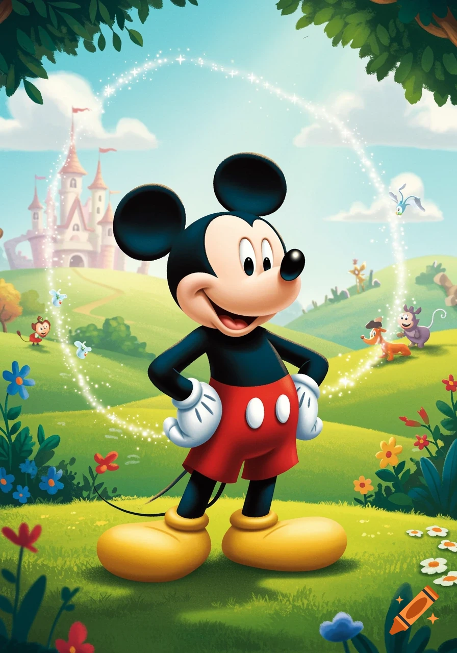 Mickey Mouse smiles in a vibrant green field with flowers, a distant ...