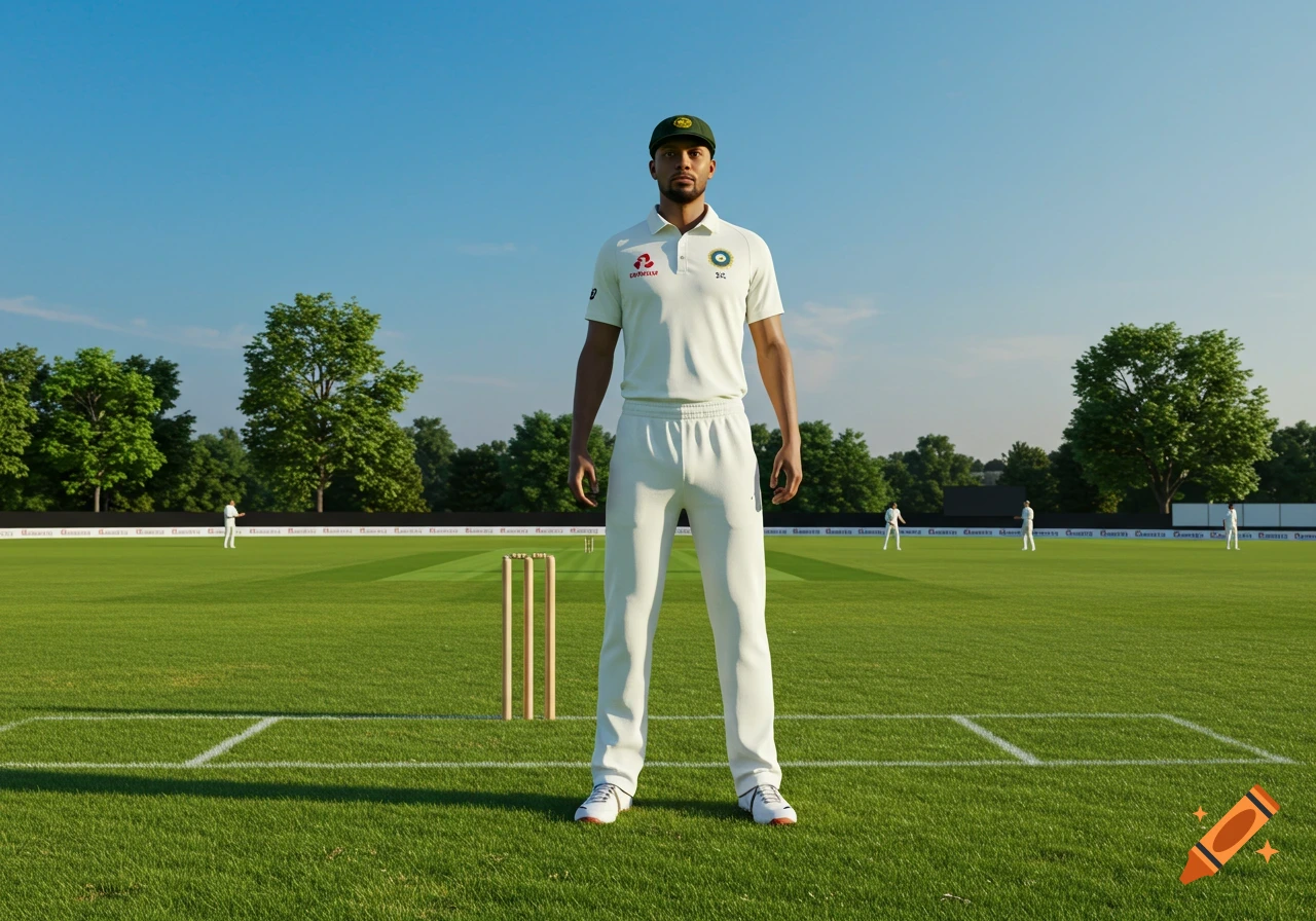 A photorealistic image of a male cricket player in white uniform ...