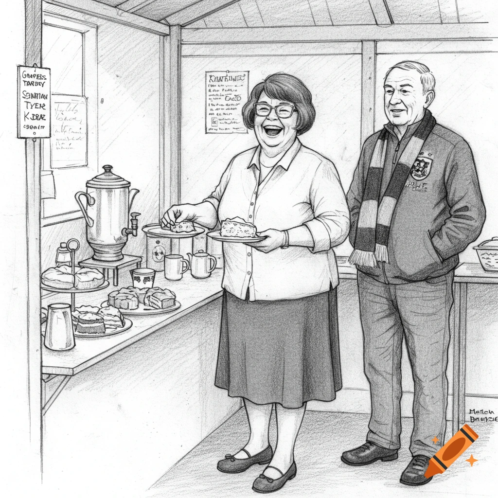 Pencil drawing of a cheerful woman serving cakes in a tea hut, with a ...