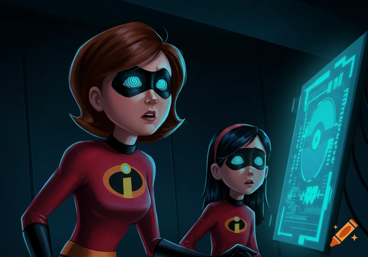 Violet Parr in her superhero suit sits in a glowing forest, holding a ...