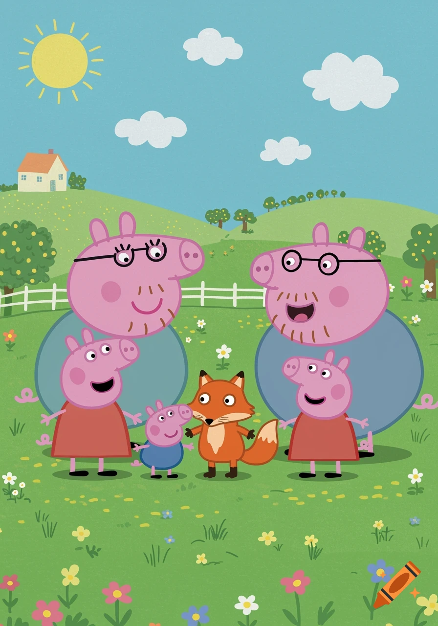 Peppa Pig stands in a colorful cartoon countryside with green hills ...