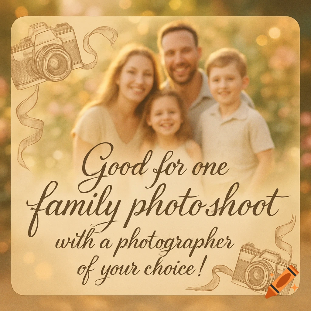 A family stands smiling on a vintage-style gift card for a photo shoot ...