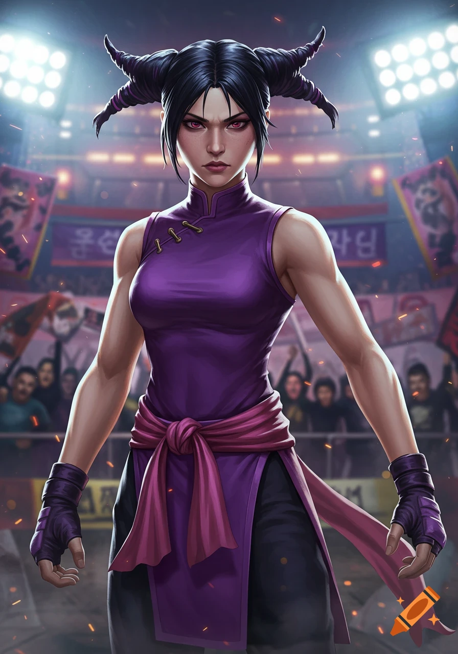 A formidable woman with dark hair in horn-like buns, dressed in a ...