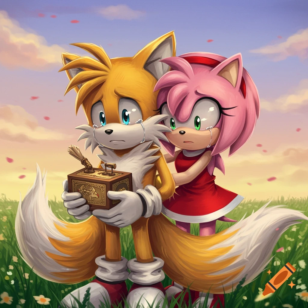 Tails, crying and holding a music box, is comforted by Amy Rose hugging ...