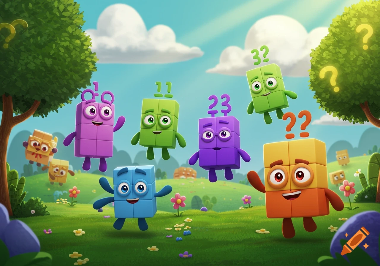 Colorful animated number characters 1, 2, 3, and 5, along with other ...