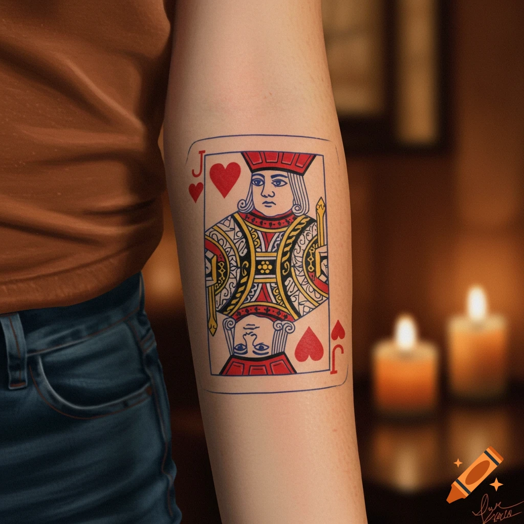 A colorful Jack of Hearts playing card tattoo on a person's forearm. on ...