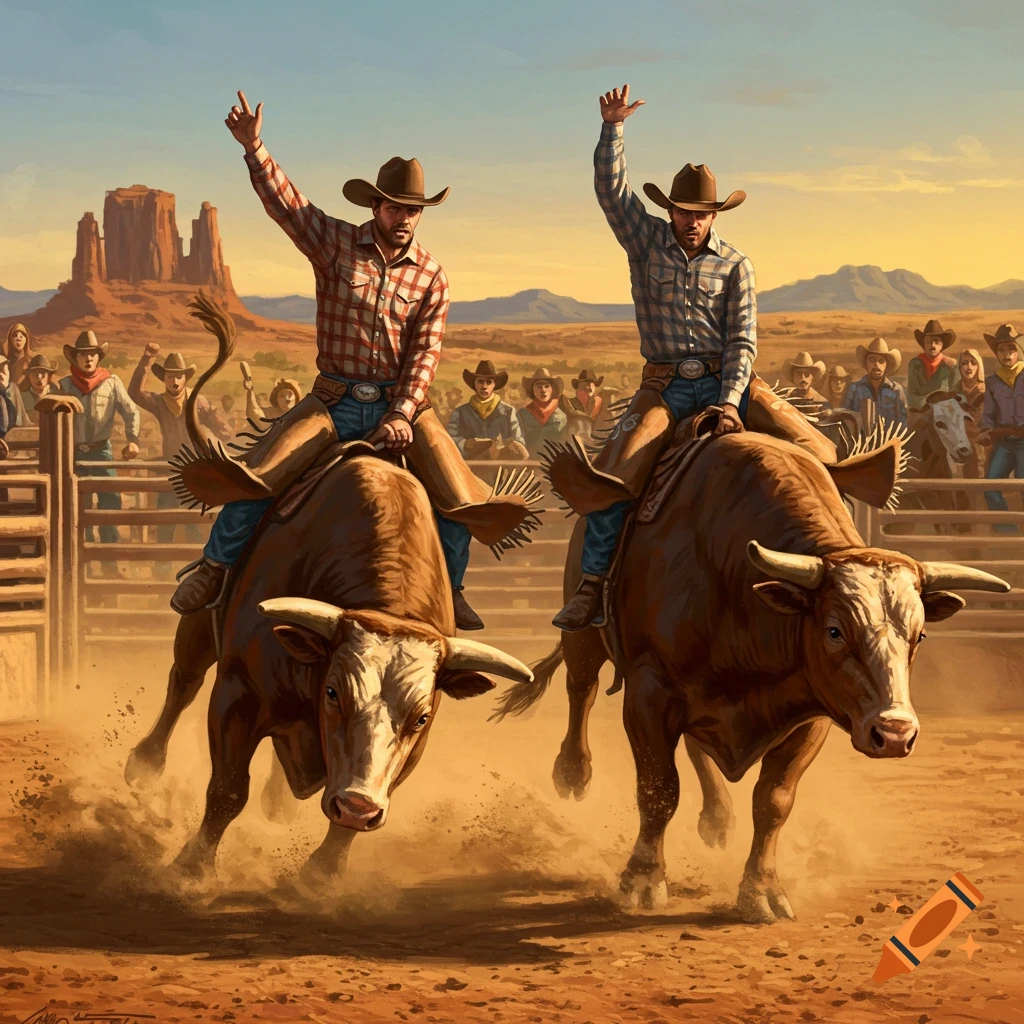Two cowboys riding bulls in a dusty rodeo arena with a cheering crowd ...