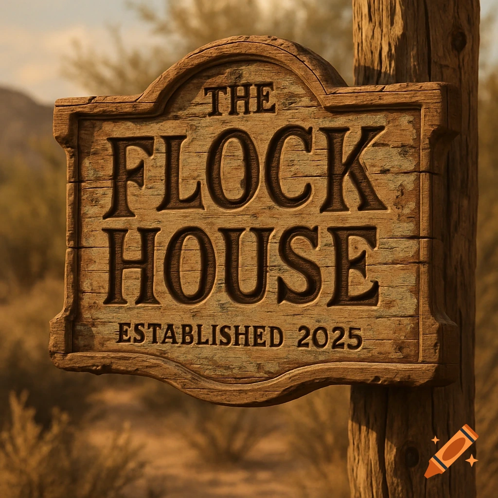 A weathered old west style wooden sign with 'THE FLOCK HOUSE ...