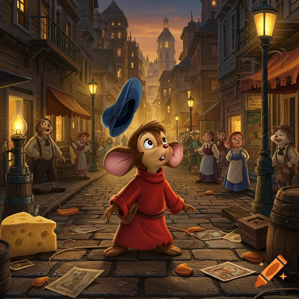 A cartoon mouse dressed as Gaston, with a red shirt and black hair ...