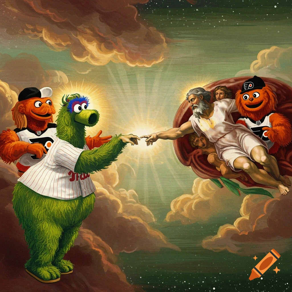 Artistic parody of 'The Creation of Adam' with God reaching to Phillie ...