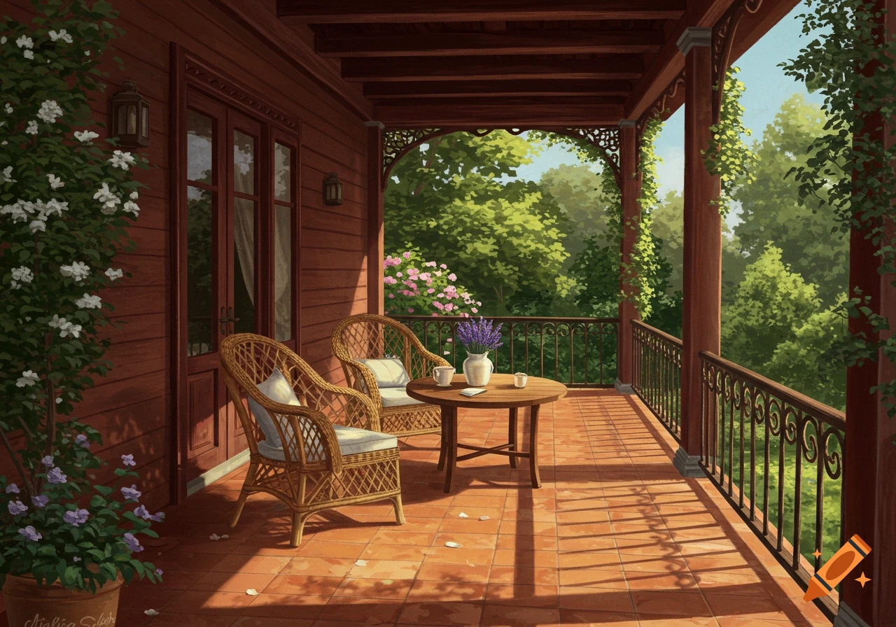 A sunny veranda with wicker chairs, a table with lavender, and a view ...