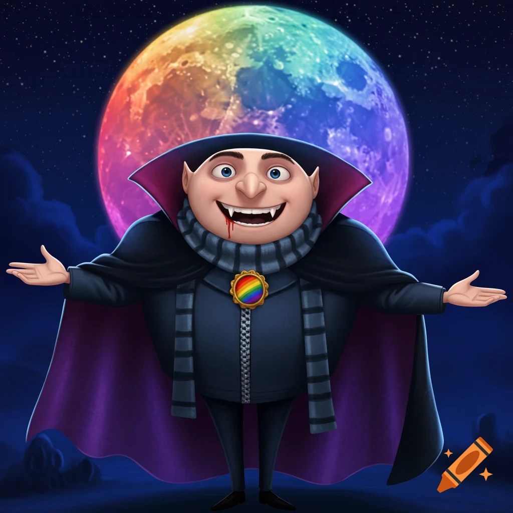 Gru as a friendly vampire with dripping fake blood, wearing a cape and ...