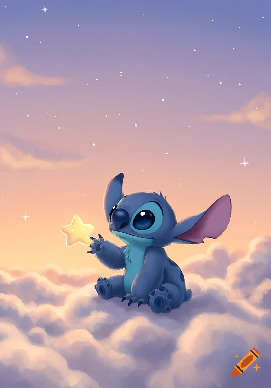 Cute Stitch sits on a cloud in a starry, pastel sky, holding a glowing ...