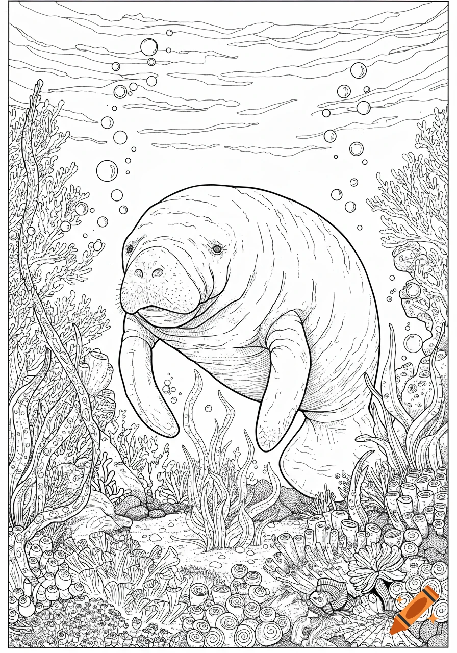 An ink line drawing of a manatee swimming amidst underwater plants and ...
