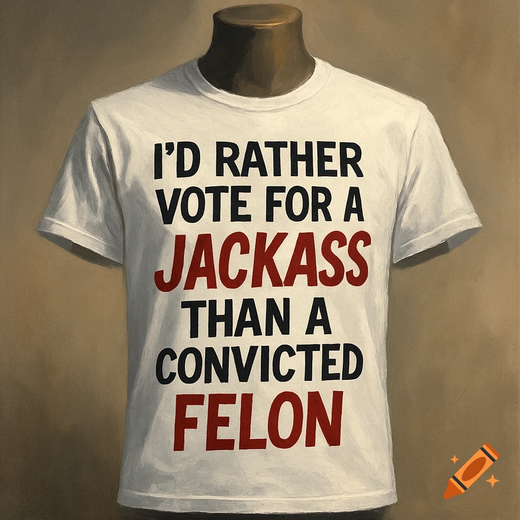 A white t-shirt on a mannequin reads "I'D RATHER VOTE FOR A JACKASS ...